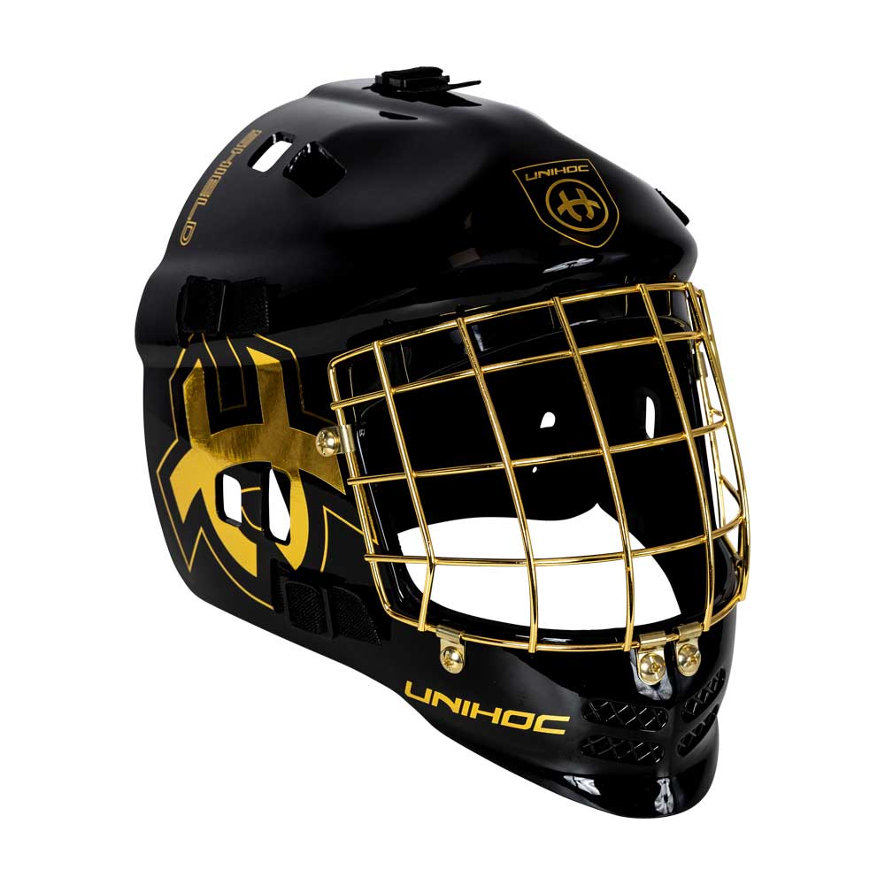 Unihoc Shield Black/Gold brankářska maska | Florbal4u.com